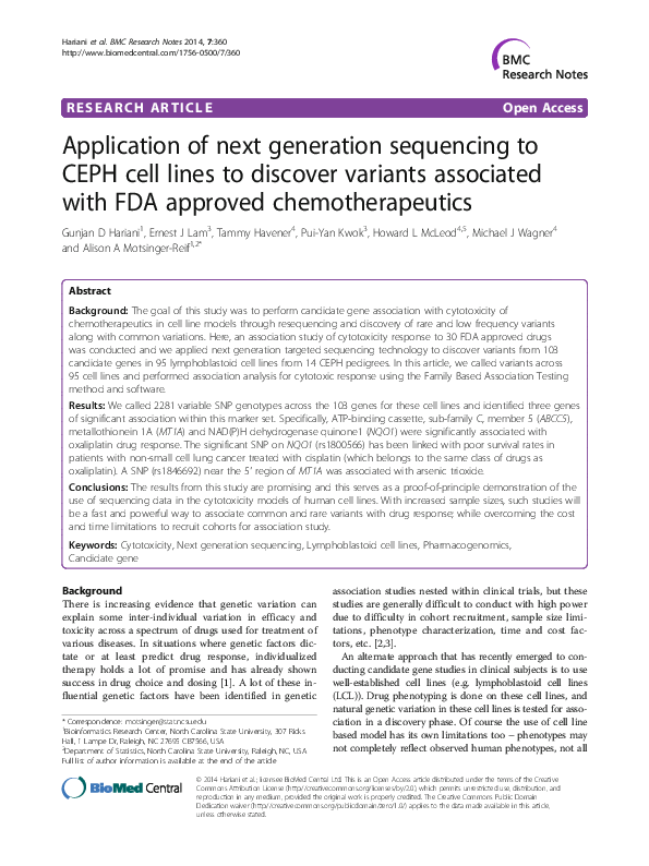 (PDF) Sequencing Cell Lines for Drug Response Variants