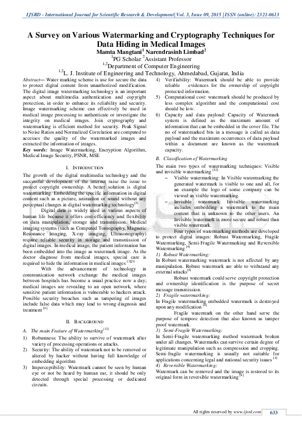 (PDF) A Survey On Various Watermarking and Cryptography Techniques for Data Hiding in Medical Images