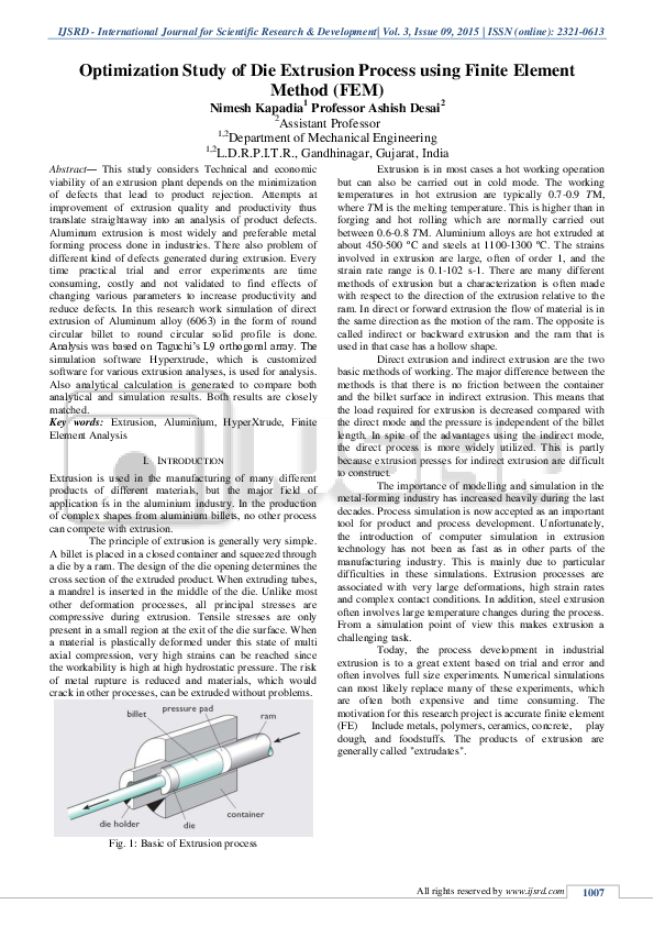 (PDF) Optimization Study of Die Extrusion Process Using Finite Element ...