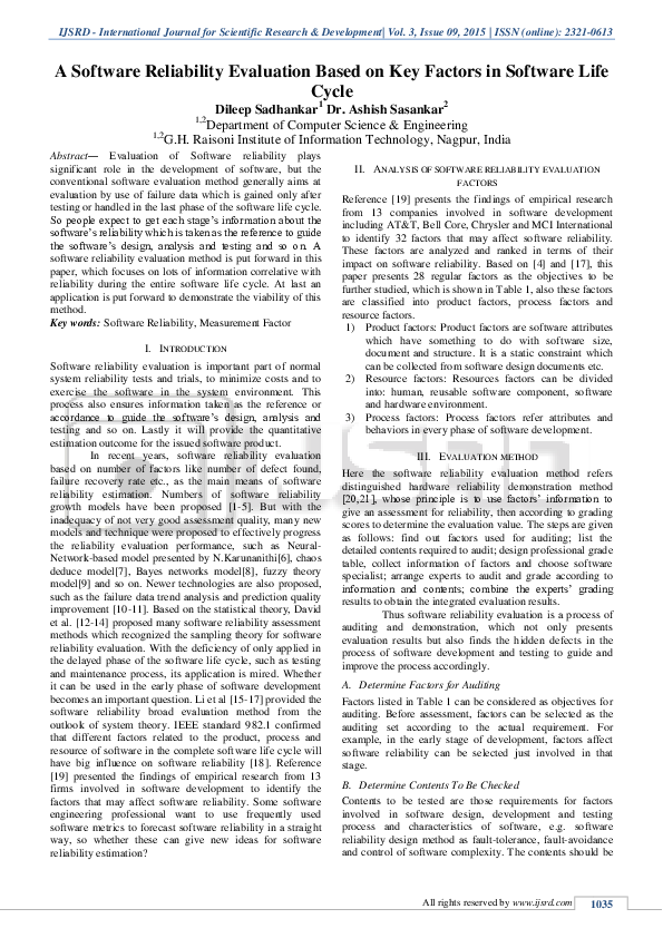Pdf A Software Reliability Evaluation Based On Key Factors In