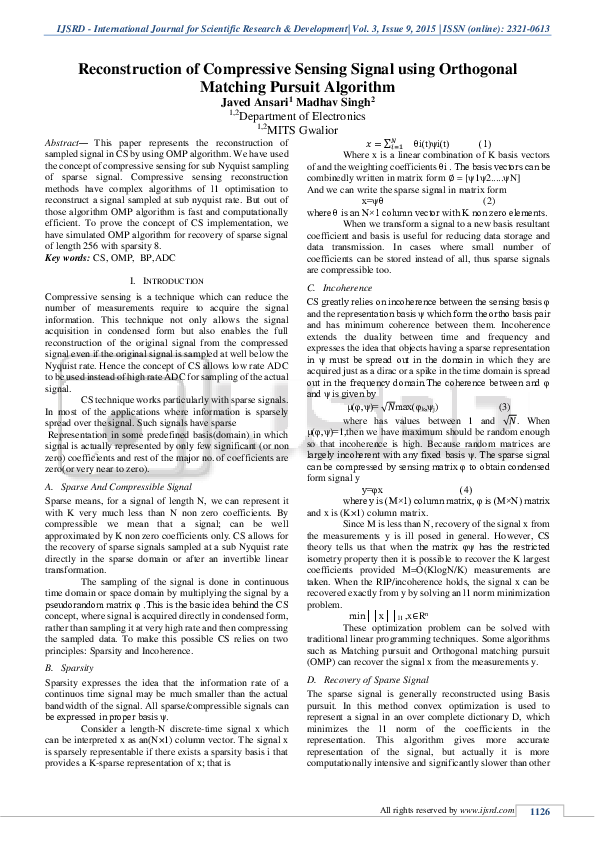Pdf Reconstruction Of Compressive Sensing Signal Using Orthogonal Matching Pursuit Algorithm