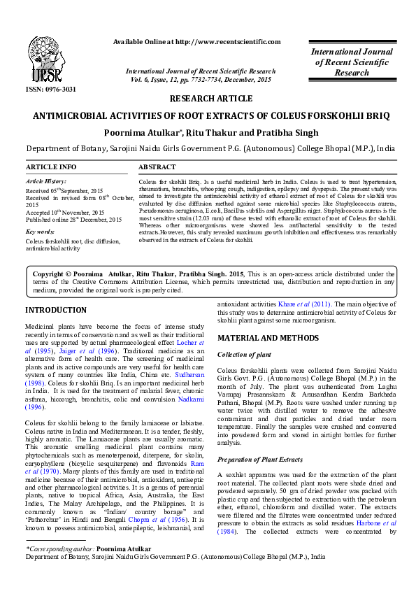 Pdf Antimicrobial Activities Of Root Extracts Of Coleus Forskohlii Briq