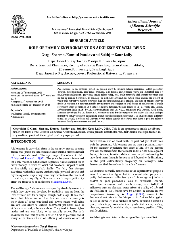 (PDF) Role of family environment on adolescent well being