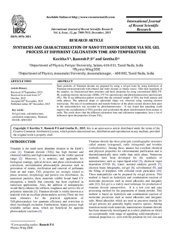 (PDF) Synthesis and characterization of nano titanium dioxide via sol gel process at different ...