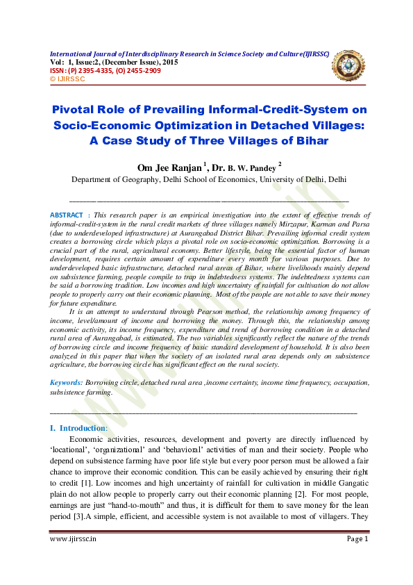 Pivotal Role of Prevailing Informal-Credit-System on Socio-Economic ...