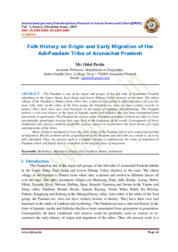 Folk History on Origin and Early Migration of the Adi-Paadam Tribe of ...