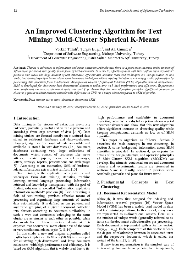 Pdf An Improved Clustering Algorithm For Text Mining Multi Cluster Spherical K Means Volkan