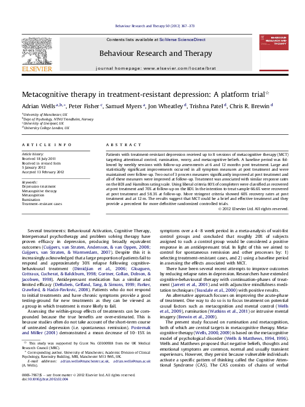 (PDF) Metacognitive therapy in treatment-resistant depression: A platform trial
