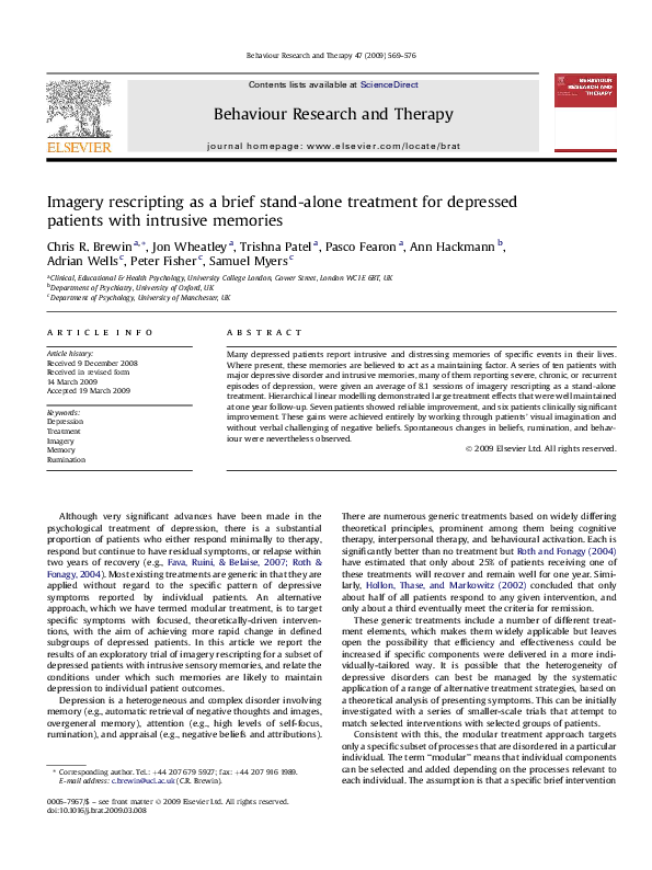 (PDF) Imagery rescripting as a brief stand-alone treatment for ...