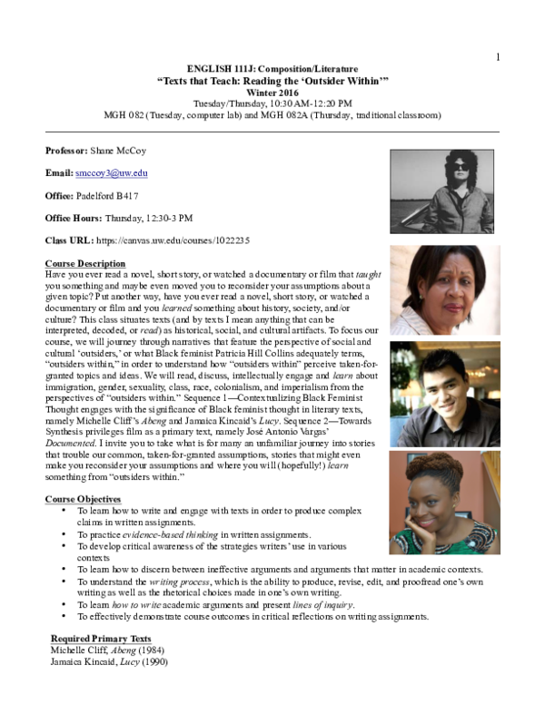 (PDF) Syllabus for ENGL 111 J, Winter 2016- "Reading the 'Outsider Within'"