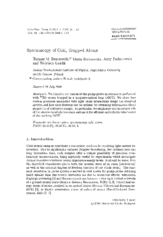 (PDF) Spectroscopy of cold, trapped atoms