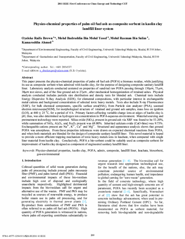(PDF) Physico-chemical properties of palm oil fuel ash as composite sorbent in kaolin clay ...