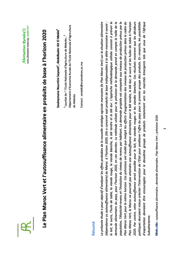 (PDF) Le plan Maroc Vert et l'autosuffisance alimentaire en produits de ...