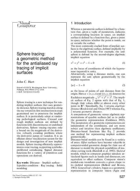 Pdf Sphere Tracing A Geometric Method For The Antialiased Ray Tracing Of Implicit Surfaces