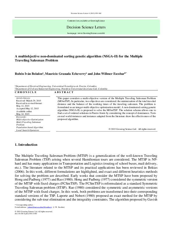 Pdf A Multiobjective Non Dominated Sorting Genetic Algorithm Nsga Ii For The Multiple 