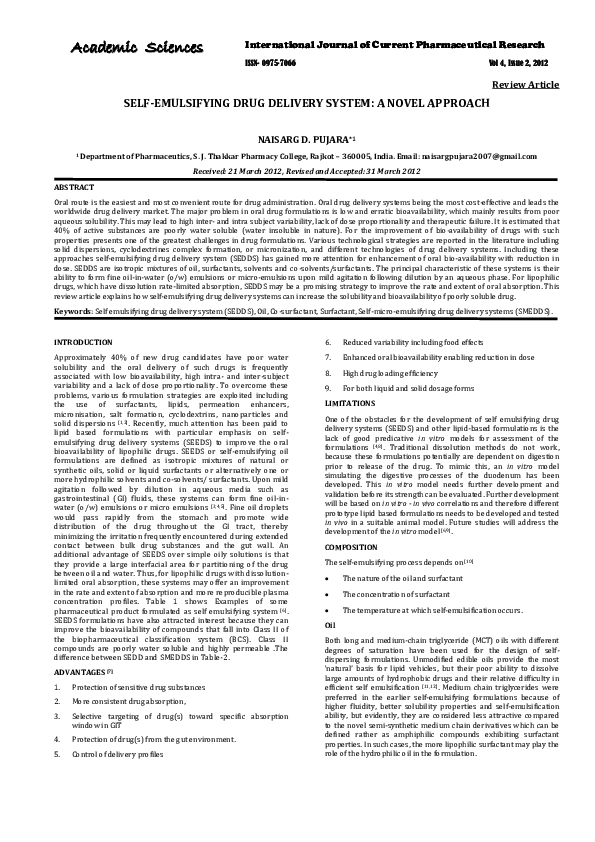 Pdf Self Emulsifying Drug Delivery System A Novel Approach