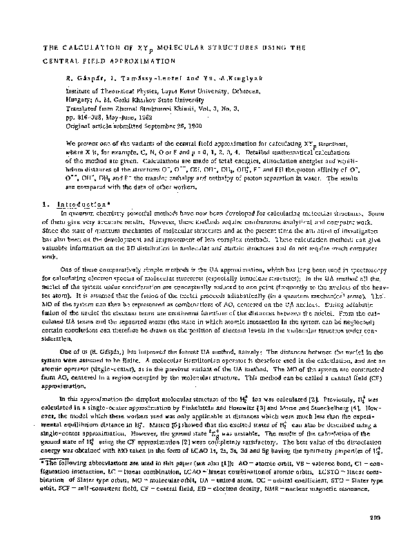 (PDF) THE CALCULATION OF XYp MOLECULAR STRUCTURES USING THE CENTRAL FIELD APPROXIMATION