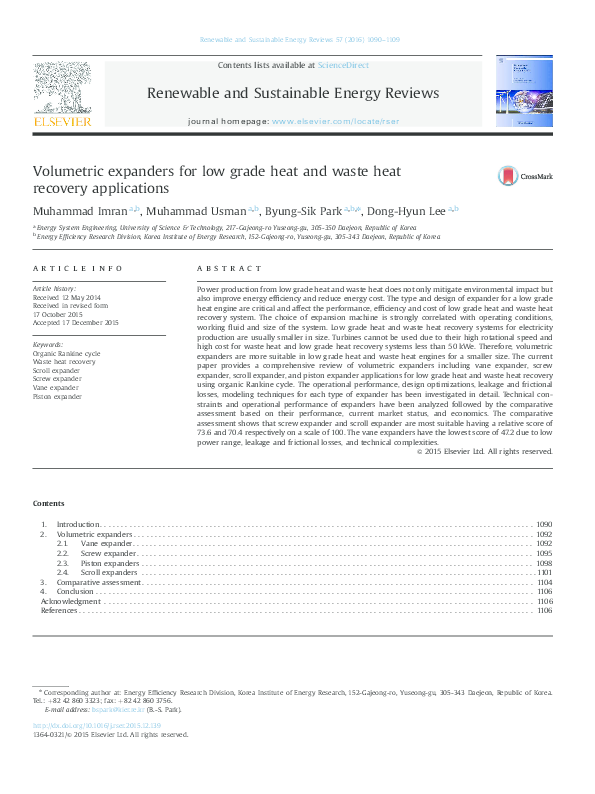 (PDF) Volumetric expanders for low grade heat and waste heat recovery ...