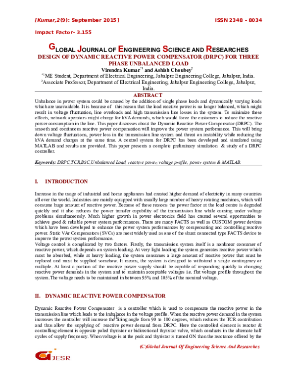 Design Of Dynamic Reactive Power Compensator Drpc For Three Phase