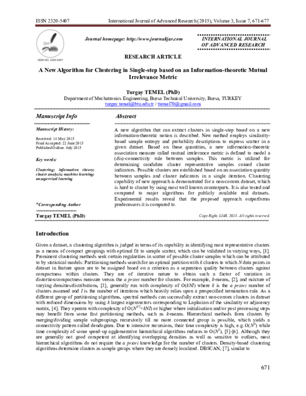 Pdf A Single Step Clustering Algorithm Based On A New Information Theoretic Sample Association 1725