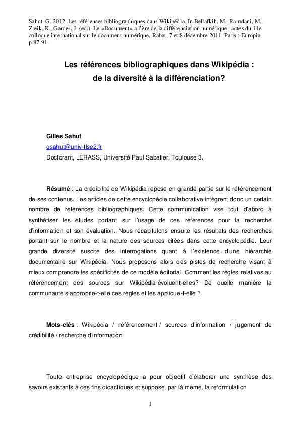 Les références bibliographiques dans Wikipédia.