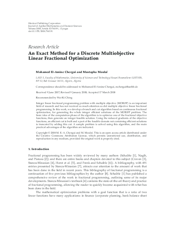 Pdf An Exact Method For A Discrete Multiobjective Linear Fractional