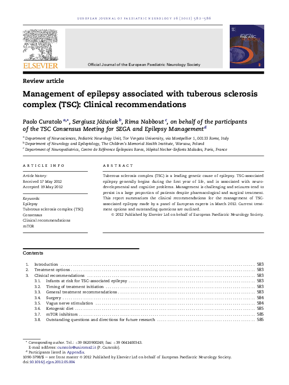 (PDF) Management of epilepsy associated with tuberous sclerosis complex ...