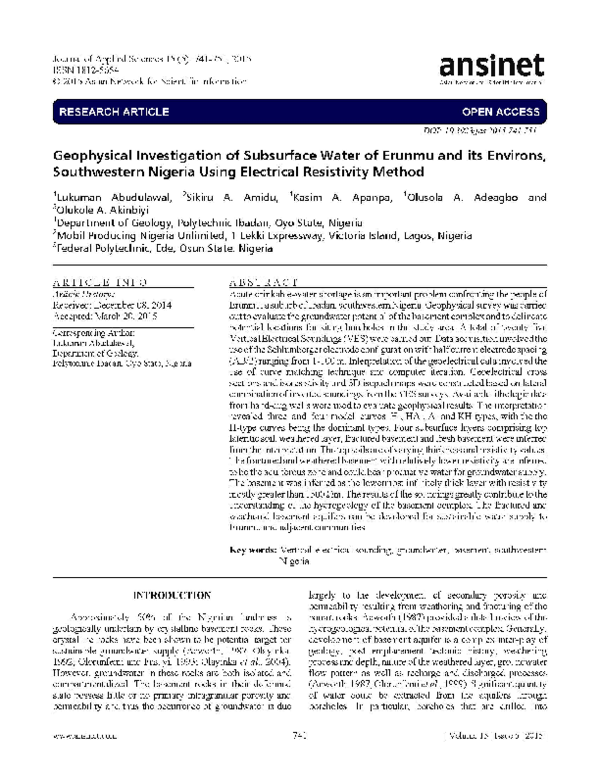 (PDF) Geophysical Investigation of Subsurface Water of Erunmu and its ...