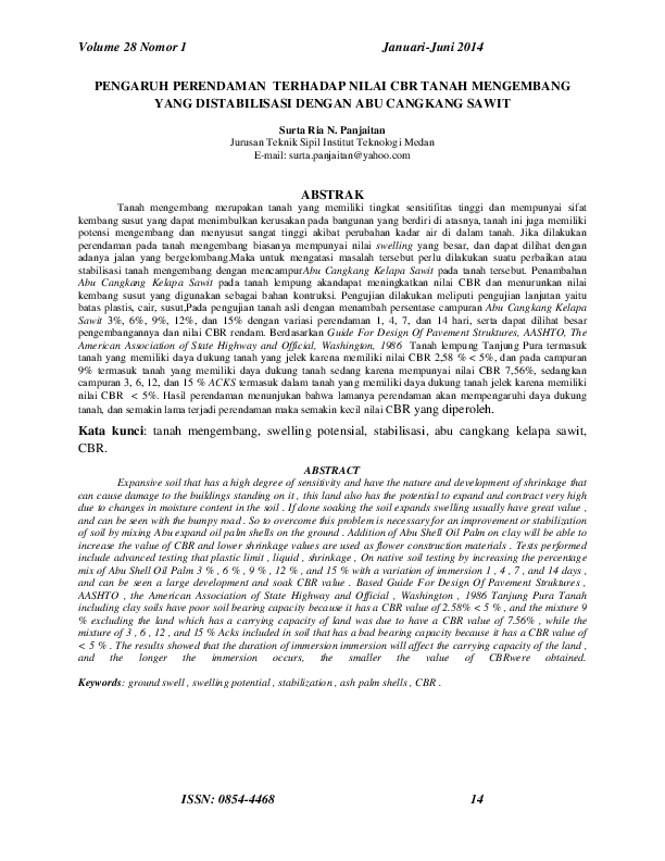 (PDF) PENGARUH PERENDAMAN TERHADAP NILAI CBR TANAH MENGEMBANG YANG DISTABILISASI DENGAN ABU ...