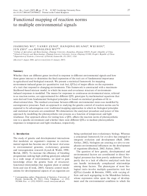 Pdf Mapping Qtls In Reaction Norms To Environments