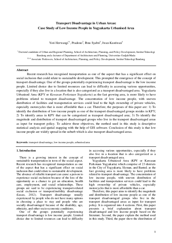 (PDF) Transport Disadvantage in Urban Areas: Case Study of Low Income ...