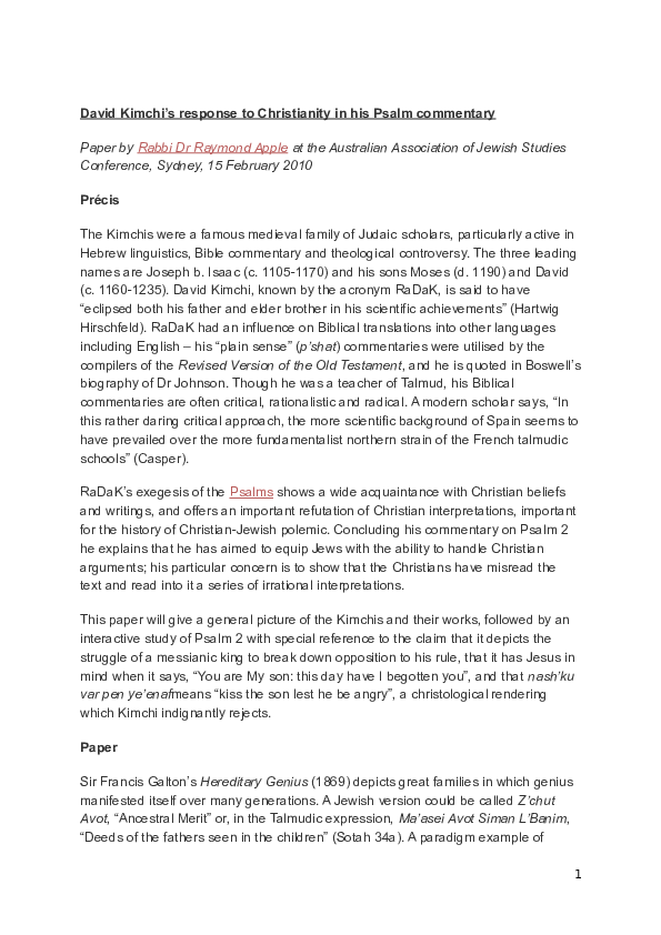 (DOC) David Kimchi’s response to Christianity in his Psalm commentary