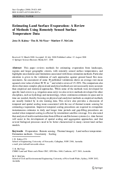 (PDF) Estimating Land Surface Evaporation: A Review of Methods Using Remotely Sensed Surface ...