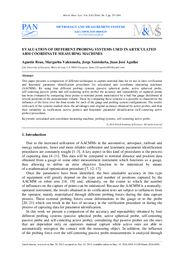 Pdf Evaluation Of Different Probing Systems Used In Articulated Arm Coordinate Measuring Machines