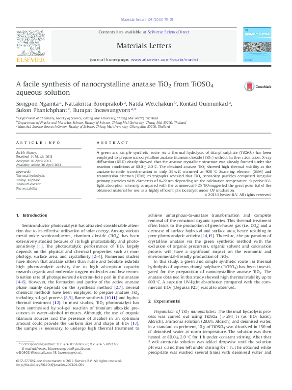 (PDF) A facile synthesis of nanocrystalline anatase TiO2 from TiOSO4 ...