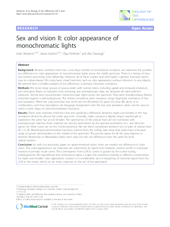 Pdf Sex And Vision Ii Color Appearance Of Monochromatic Lights