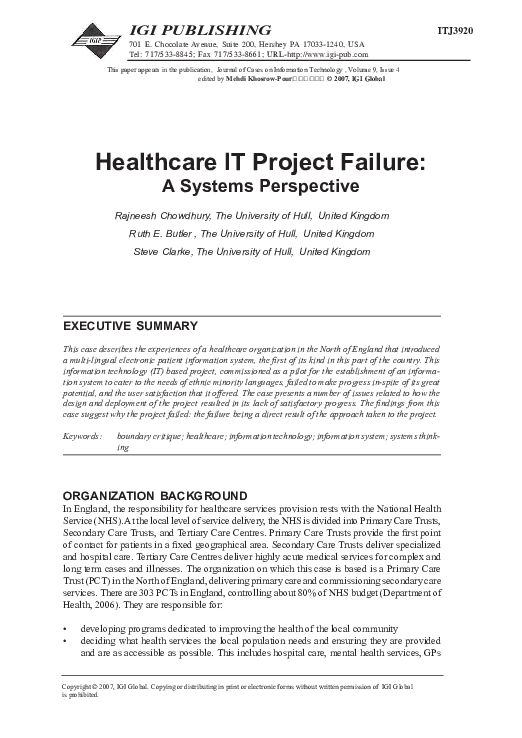 (PDF) healthcare IT Project Failure: A systems Perspective