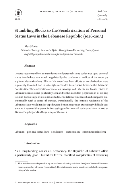 (PDF) Stumbling Blocks to the Secularization of Personal Status Laws in ...