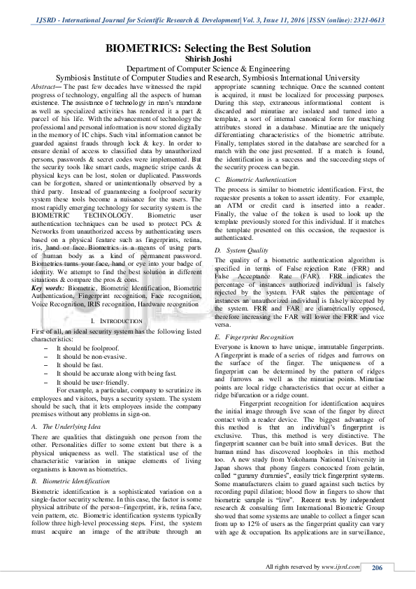 (PDF) BIOMETRICS : Selecting the best solution