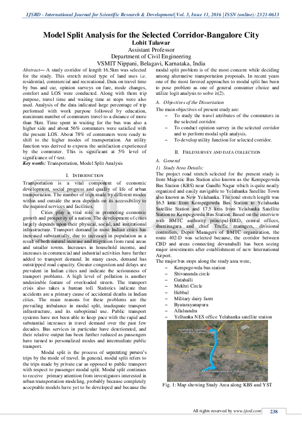 (PDF) Model Split Analysis for the Selected Corridor- Bangalore City
