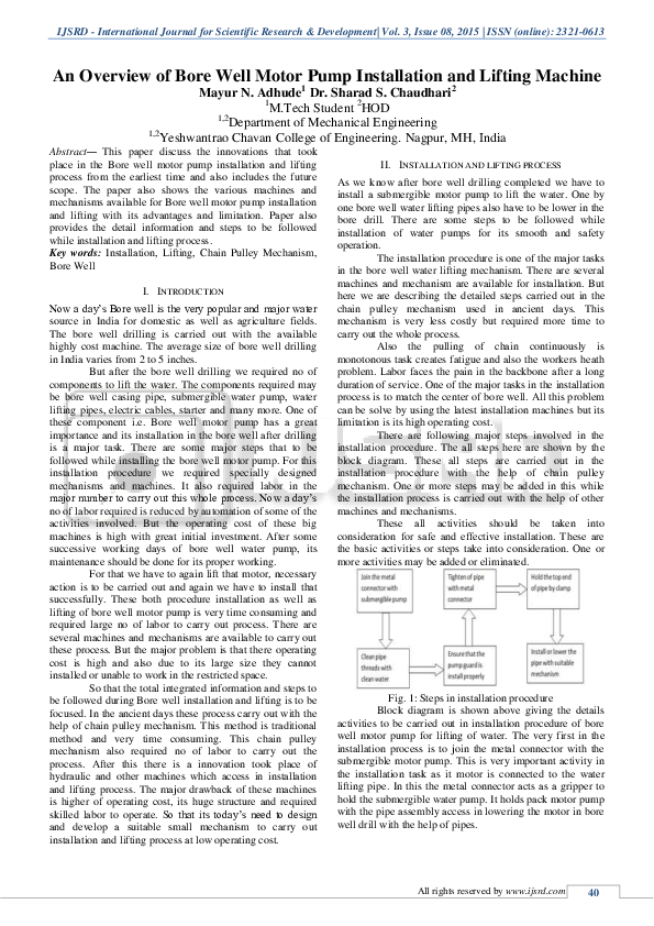 (PDF) An Overview of Bore Well Motor Pump Installation and Lifting Machine