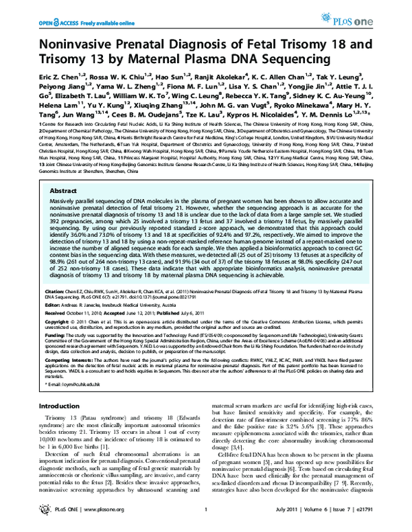 (PDF) Prenatal Diagnosis of Trisomy 18 & 13 via DNA