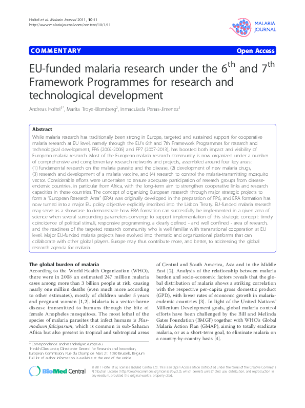 (PDF) EU-funded malaria research under the 6th and 7th Framework ...