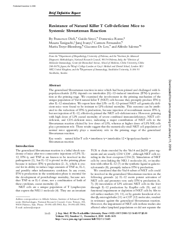 (PDF) Resistance of Natural Killer T Cell-Deficient Mice to Systemic ...