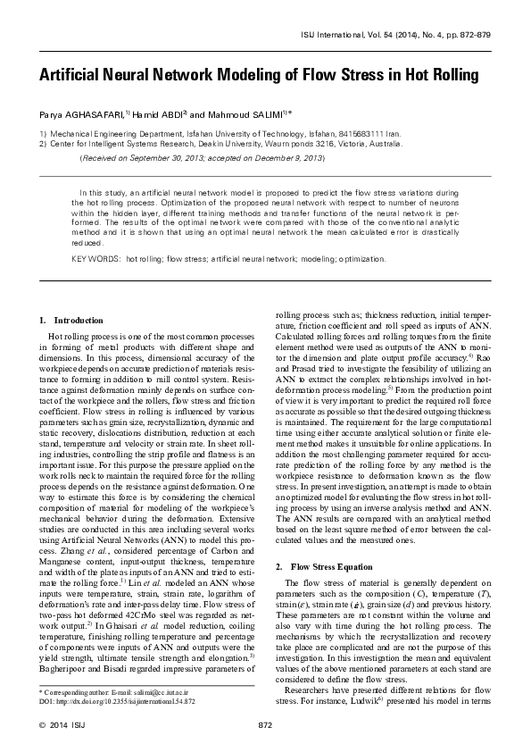 (PDF) Artificial Neural Network Modeling of Flow Stress in Hot Rolling