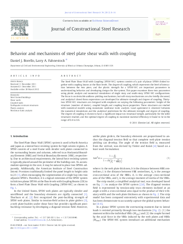 (PDF) Behavior and mechanisms of steel plate shear walls with coupling