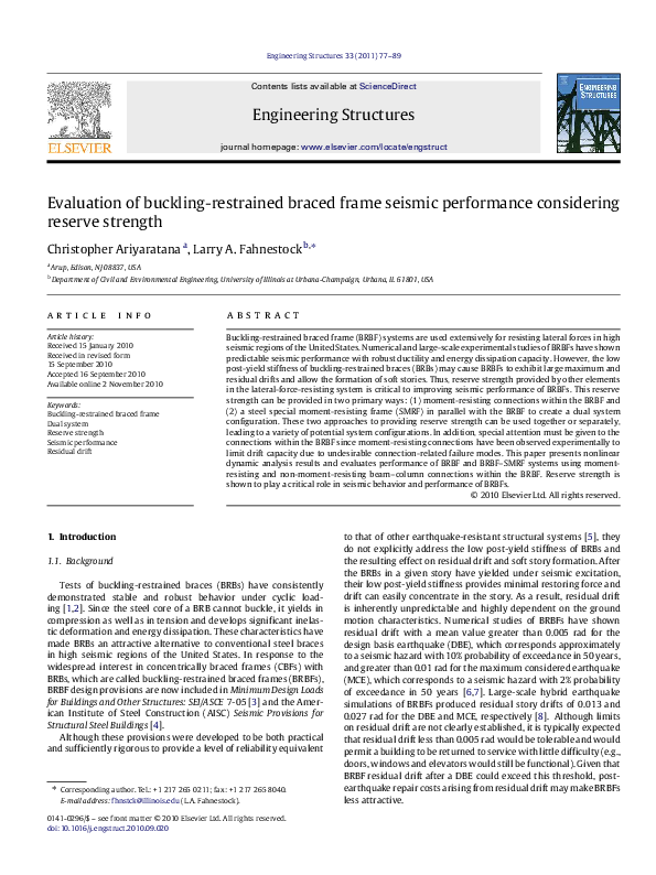 Pdf Evaluation Of Buckling Restrained Braced Frame Seismic Performance Considering Reserve
