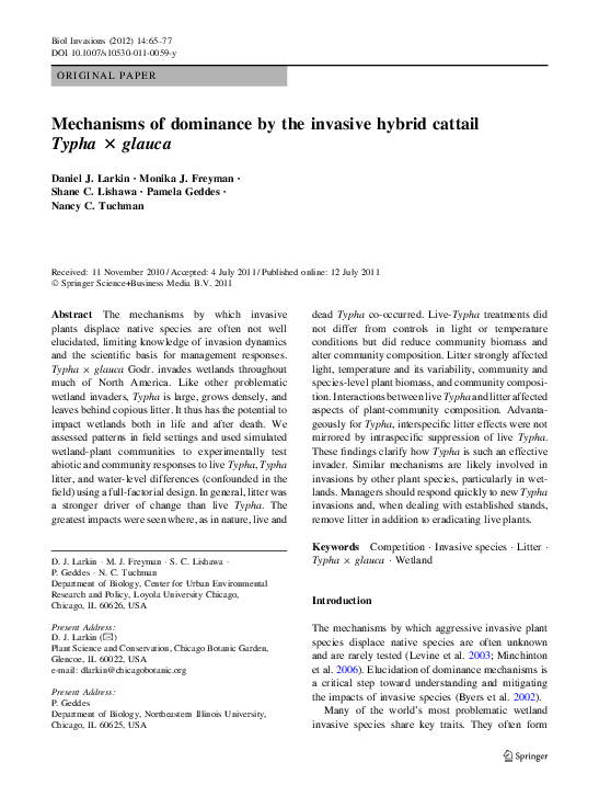 (PDF) Mechanisms of dominance by the invasive hybrid cattail Typha × glauca