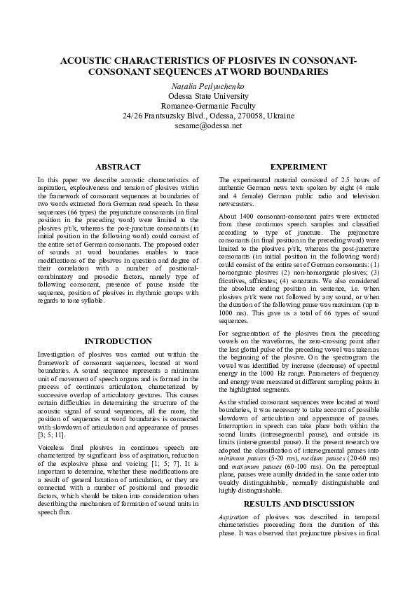 (DOC) ACOUSTIC CHARACTERISTICS OF PLOSIVES IN CONSONANT- CONSONANT ...