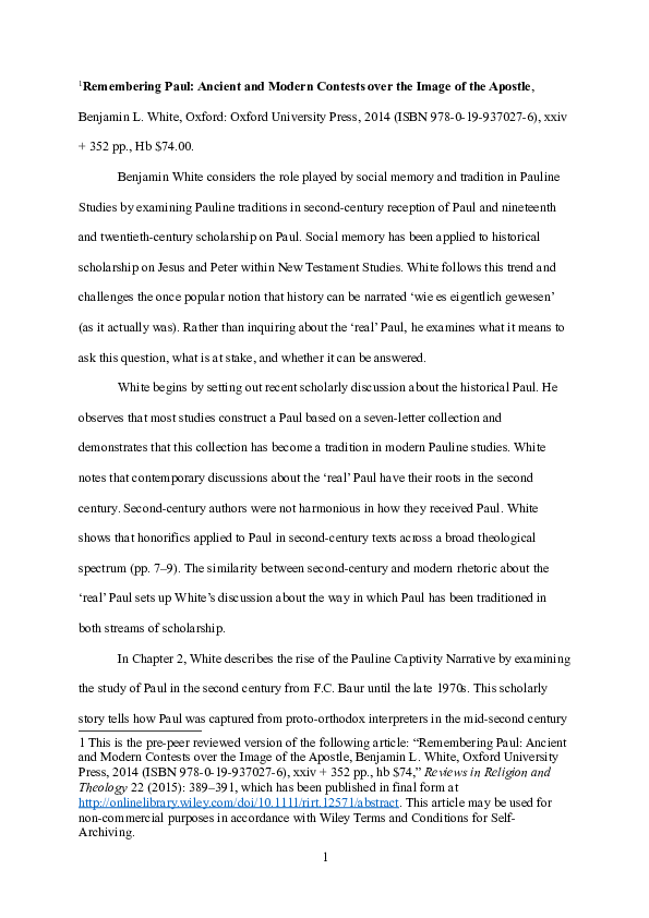 (DOC) Review of Remembering Paul by Benjamin White | Jonathon Lookadoo ...